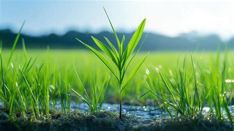 Premium Ai Image A Tiny Rice Plant Unfurls Its Green Leaves In A