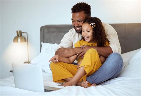 Relax And Laptop With Father And Girl In Bedroom For Streaming Movie Internet And Online Media