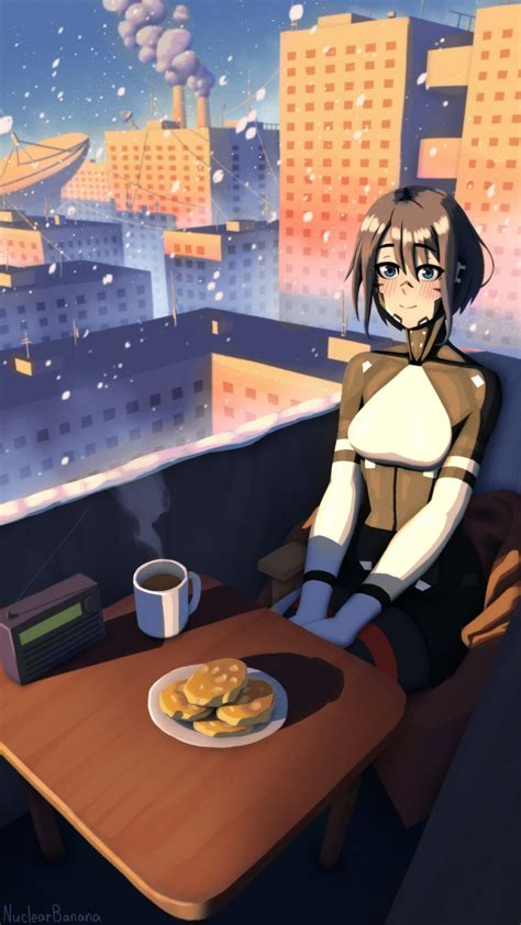 Eule From Signalis Enjoys A Cozy Moment With Tea And Cookies On A Snowy Rooftop Signalis