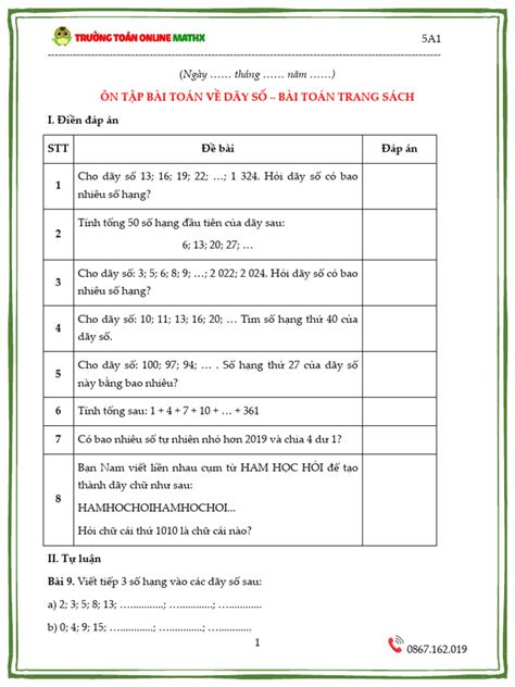 Mathx Lớp 5a1 Bài Tập Về Nhà Buổi 1 Bài Toán Dãy Số Pdf