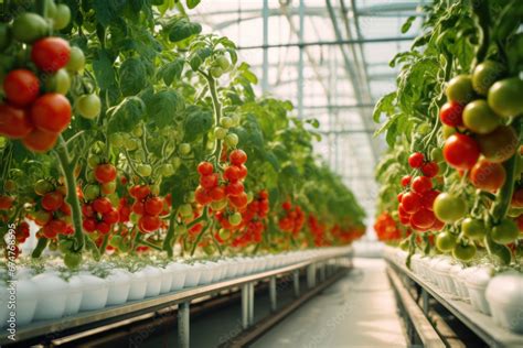 Tomato Plant Is Growing In Vegetable Green House On Hydroponics Eco