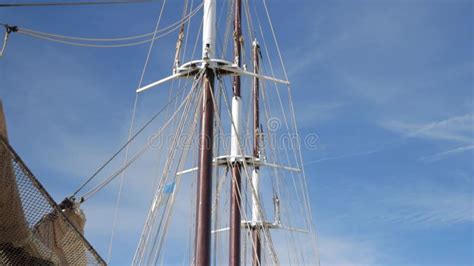 Ship Mast Against The Blue Sky Close Up Video Shot From Top To Bottom
