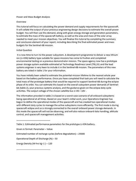 Power And Mass Budget Analysis Download Free Pdf Spacecraft