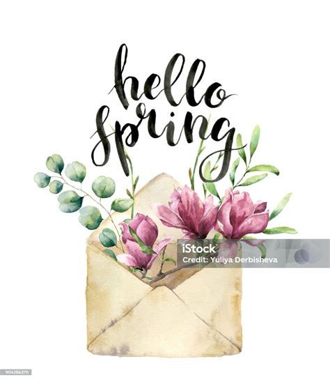 봄 나무 유 칼 리 나무와 목련 수채화 오래 된 봉투 손으로 그린 꽃 화 유 칼 리 나무와 흰색 바탕에 허브 꽃 카드 디자인 인쇄 또는 직물 계절에 대한 스톡 벡터 아트 및