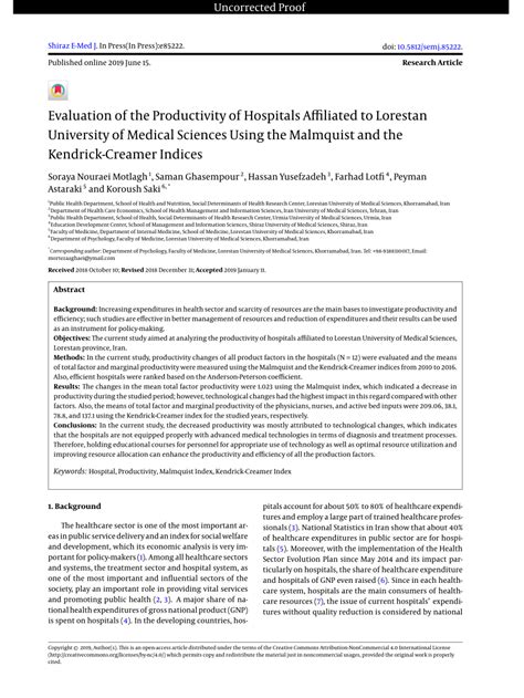 Pdf Evaluation Of The Productivity Of Hospitals Affiliated To