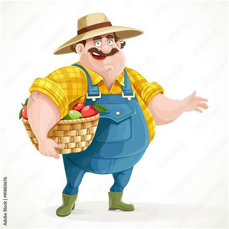 Fat Farmer In Overalls Holding A Basket Of Apples And Shows The Stock
