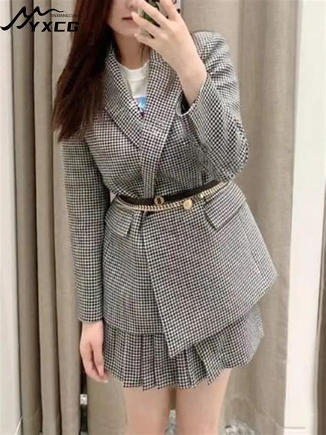 여성용 긴팔 플리티드 스커트 정장 여성용 투피스 세트 여성용 정장 코트 새로운 프랑스 블레이저 격자 무늬 트위드 세트