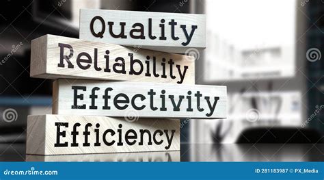 Quality Reliability Effectivity Efficiency Words On Wooden Blocks