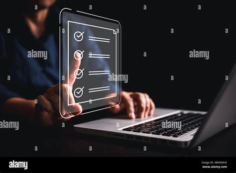 Woman Using Tablet Laptop Futuristic Digital Interface Icons Manages Checklist Online Quality