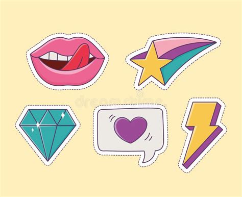 Lips Star Diamond Love Patch Fashion Decoration Icon Stock Vector