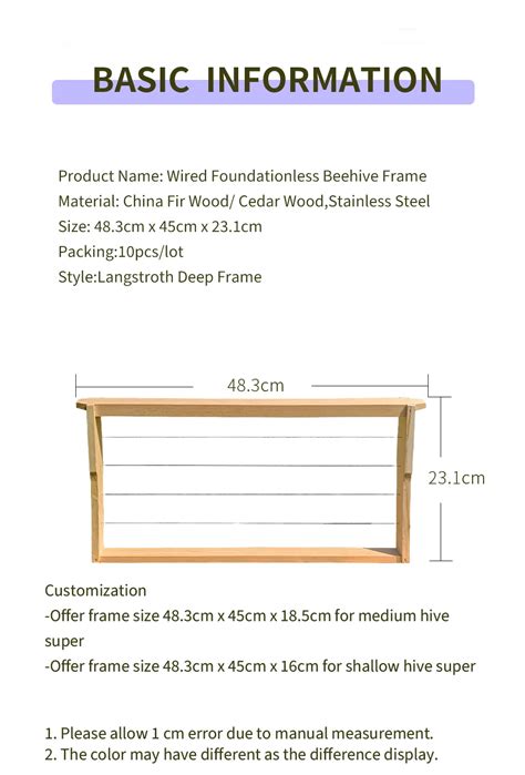 Langstroth Wood Deep Wired Foundationless Honey Beehive Frame