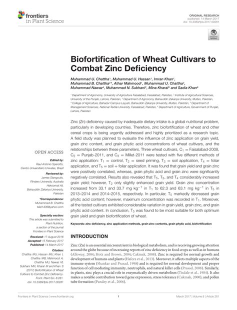 Pdf Biofortification Of Wheat Cultivars To Combat Zinc Deficiency