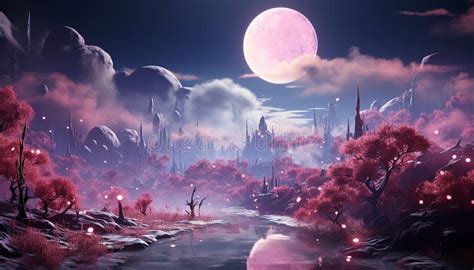 Mysterious Spaceship Orbits Moonlit Planet In Futuristic Galaxy