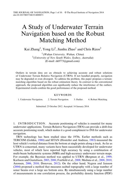 PDF A Study Of Underwater Terrain Navigation Based On The Robust Matching Method