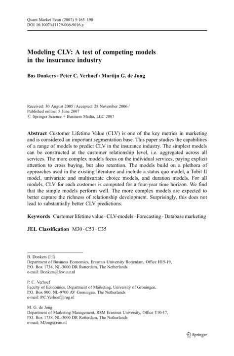 Pdf Modeling Clv A Test Of Competing Models In The Insurance Industry