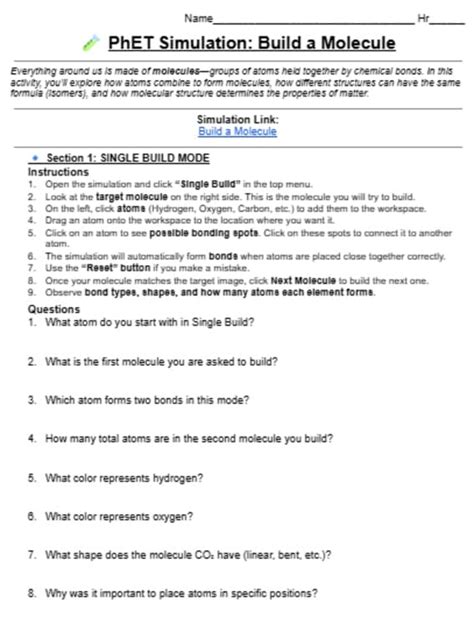 Phet Simulation Web Worksheet Build A Molecule Biochemistry