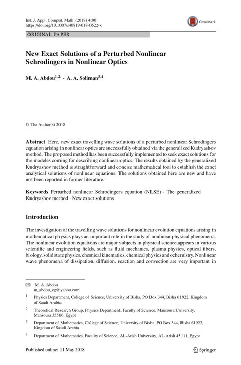 Pdf New Exact Solutions Of A Perturbed Nonlinear Schrodingers In Nonlinear Optics