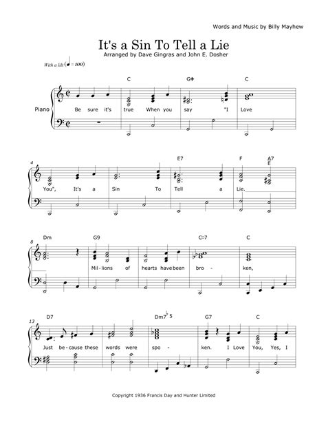 Its A Sin To Tell A Lie Arr Dave Gingras And John E Dosher By Billy Mayhew Sheet Music For