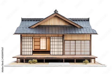 Japanese Edo Period Wooden House With Sliding Shoji Doors On A White