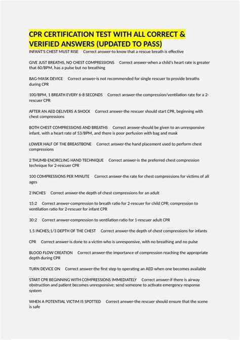 Cpr Certification Test With All Correct And Verified Answers Updated To