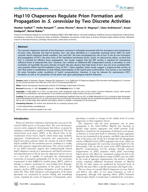 Pdf Hsp110 Chaperones Regulate Prion Formation And Propagation In S