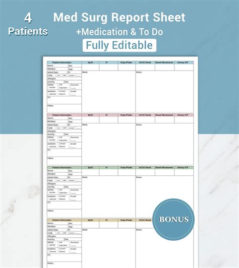 Editable Nurse Brain 4 Patients Nurse Report Sheet Med Surg Nursing