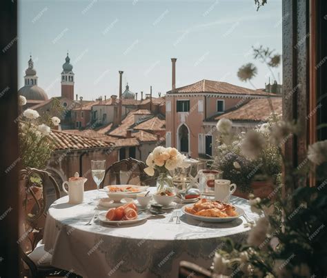 Premium Photo Luxury Breakfast On Balcony With A Beautiful City