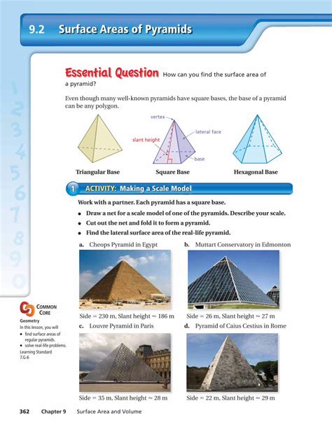 Pdf 9 2 Surface Areas Of Pyramids Big Ideas Math · Section 9 2 Surface Areas Of Pyramids 365