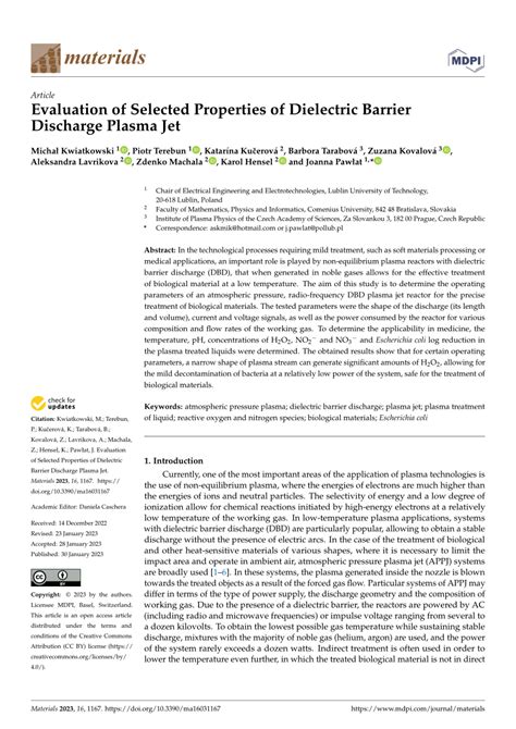 Pdf Evaluation Of Selected Properties Of Dielectric Barrier Discharge
