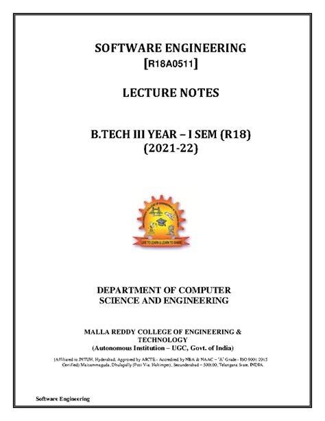 Software Engineering Se Assignment Software Engineering R18a0511 Lecture Notes B Iii Year