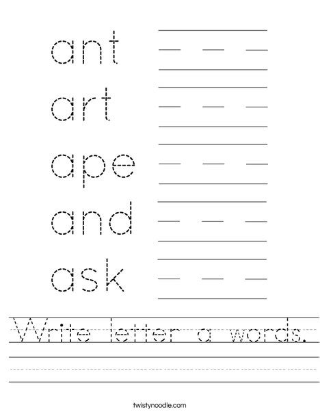 Write Letter A Words Worksheet Twisty Noodle Worksheets Library