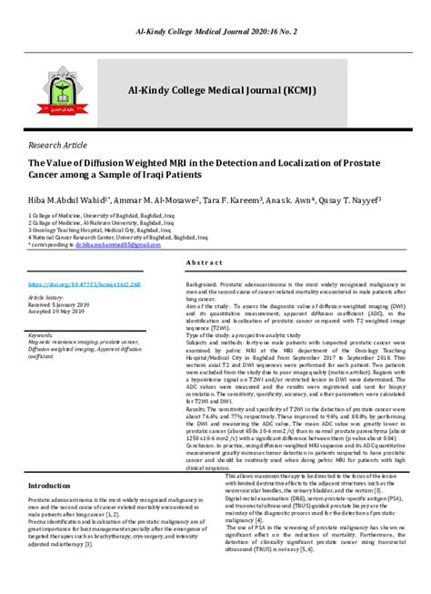 Pdf The Value Of Diffusion Weighted Mri In The Detection And