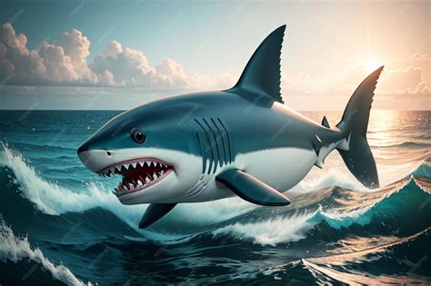Un Tiburón Nada En El Océano Con El Sol Detrás Foto Premium