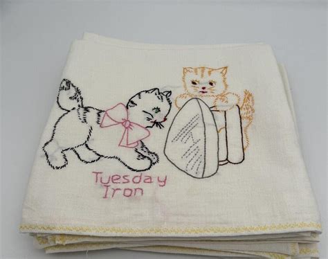 Vintage Days Of The Week Embroidered Kitchen Dish Towels Cats Kittens