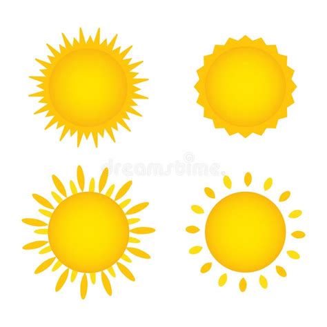 Set Of Vector Yellow Sun Shining And Light Rays Isolated On White