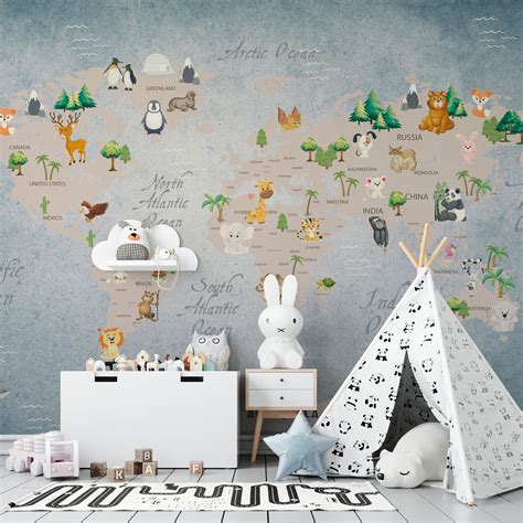 Cute Animals World Map Premium Wallpaper Mural Shop Customized Walls