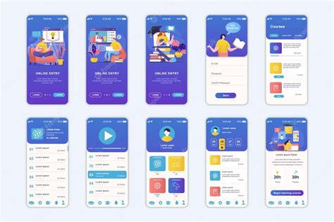 모바일 앱 템플릿 Ui Ux Gui 사용자 인터페이스 키트에 대한 교육 개념 화면 설정 프리미엄 벡터