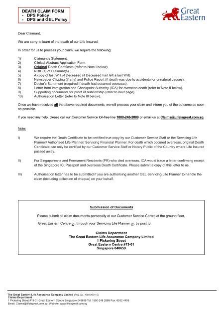 Death Claim Form Dps Policy Dps And Great Eastern Life