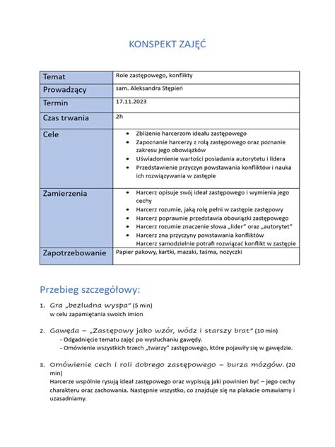 Konspekt Zajęć Role Zastępowego Konflikty Pdf