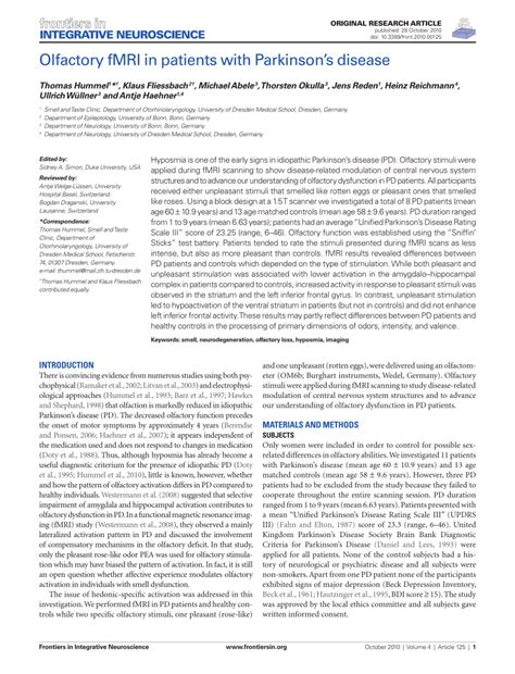 Pdf Olfactory Fmri In Patients With Parkinsons Disease