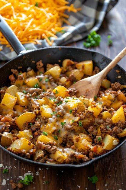Hearty Beef And Potato Skillet With Melted Cheese Prepared In A Rustic