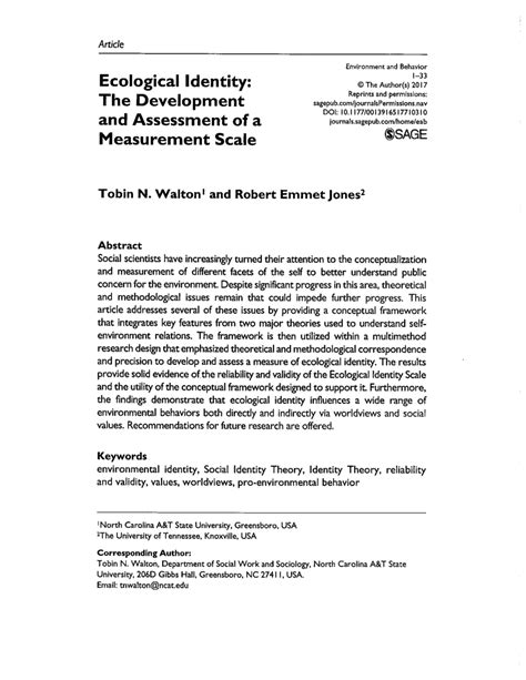 Pdf Ecological Identity The Development And Assessment Of A