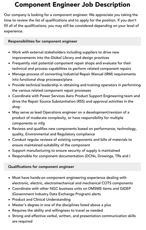 Component Engineer Job Description Velvet Jobs