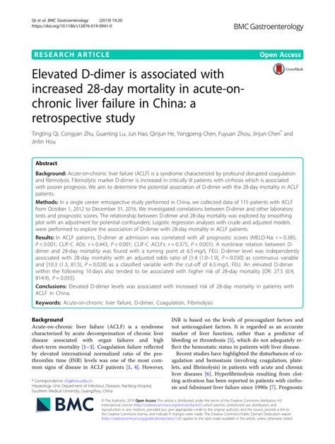 Pdf Elevated D Dimer Is Associated With Increased 28 Day Mortality In Acute On Chronic Liver