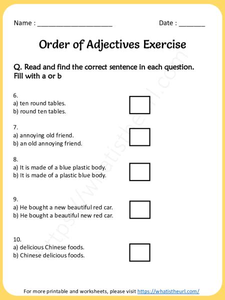 Ordering Adjectives Worksheet Exercise 1 Your Home Teacher