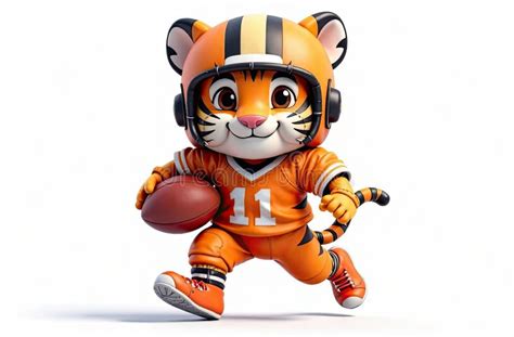 Cute Cartoon Tiger Character Running With A Football In A Bright Orange