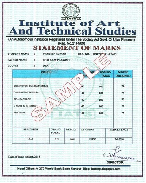 Institute Of Art And Technical Studies Marksheet And Certificate