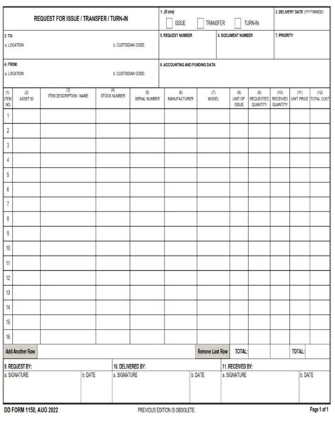 Dd Form 1150 Request For Issue Transfer Turn In Free Online Forms