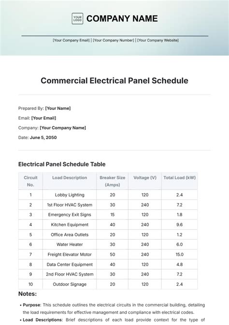 Printable Panel Schedule Template