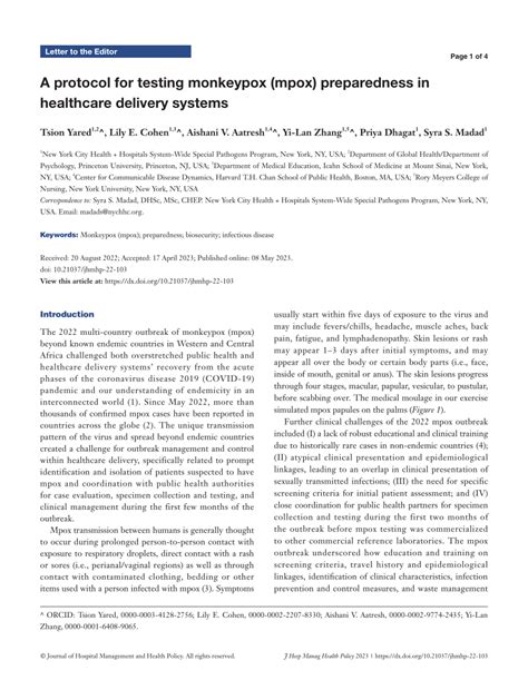 Pdf A Protocol For Testing Monkeypox Mpox Preparedness In
